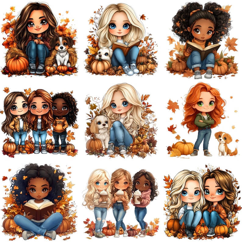 Chibi Fall Friends Clipart PNG - Etsy