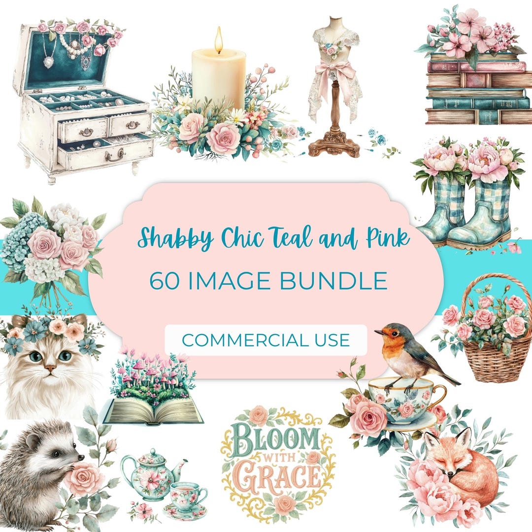 Teal Pink Vintage Floral Clipart Bundle - 60 Pngs of Cottagecore ...