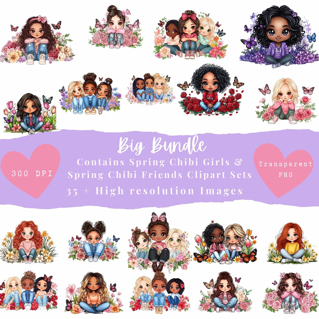 Spring Chibi Clipart Bundle | 35+ Cute Girl & Friend Pngs | Floral ...
