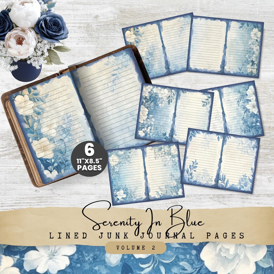 Vintage Blue Floral Lined Junk Journal Pages Set 2 | Serenity in Blue ...