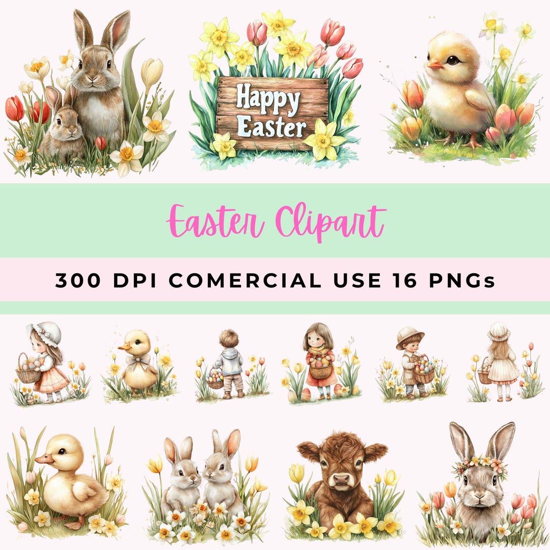 Easter Clipart Bundle - 16 Pngs, Spring Animals, Vintage Easter Art ...
