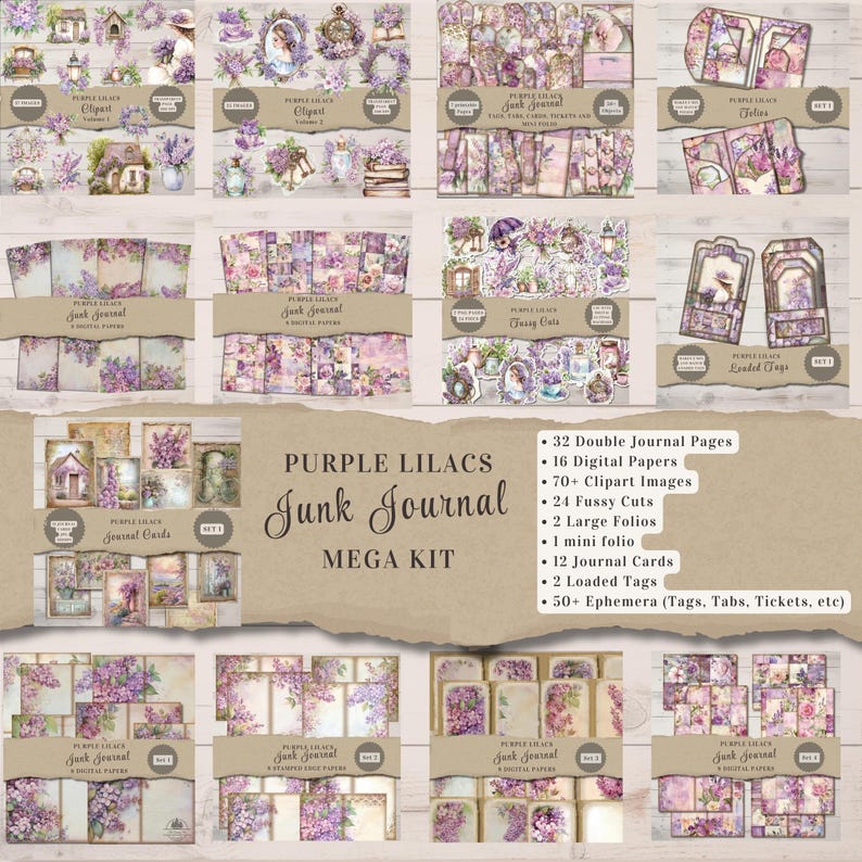 Purple Lilac Junk Journal Mega Kit, Rustic Lilac Vintage Ephemera ...