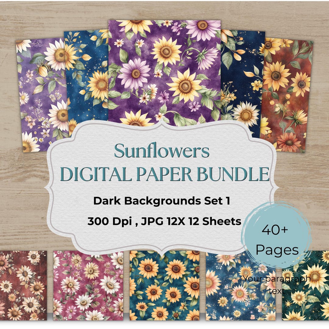 Sunflower Digital Paper Bundle, 40+ Papers, Dark Floral Backgrounds ...