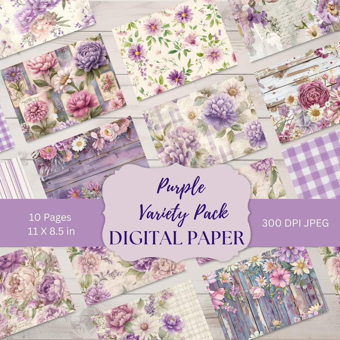 Purple Digital Paper Pack, Floral Scrapbook Paper Bundle, Printable ...