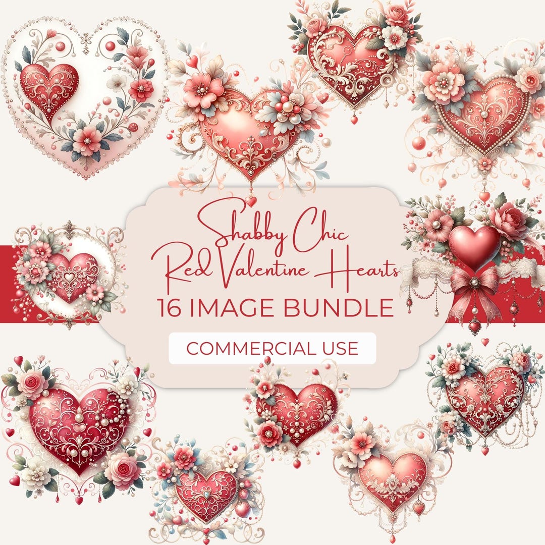 Valentine Hearts Clipart: Shabby Chic Floral Bundle - 16 PNG Files - Etsy