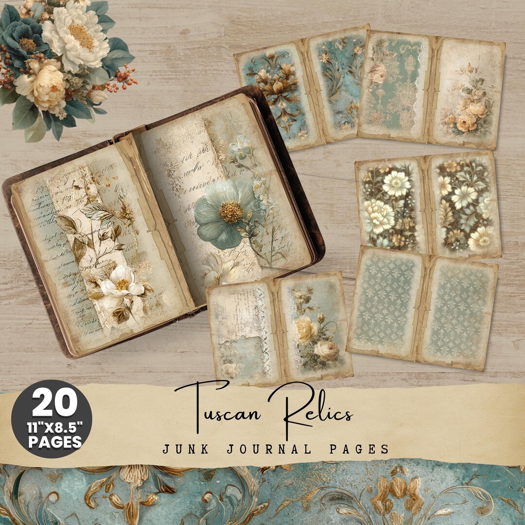 Vintage Journal Pages: Tuscan Relics Floral Collage (printable Blue ...
