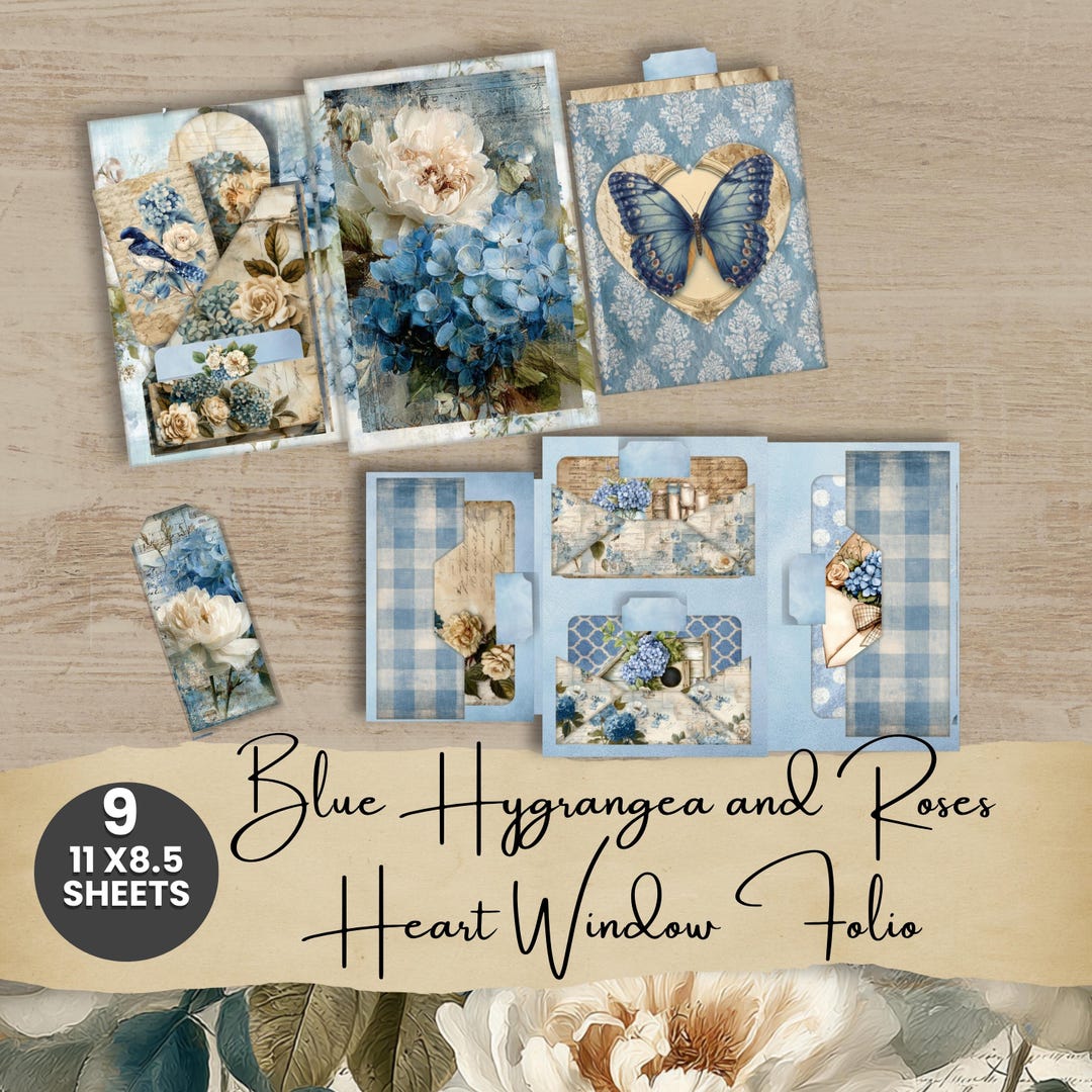 Blue Hydrangea and Roses Heart Window Folio, Junk Journal Kit Printable ...
