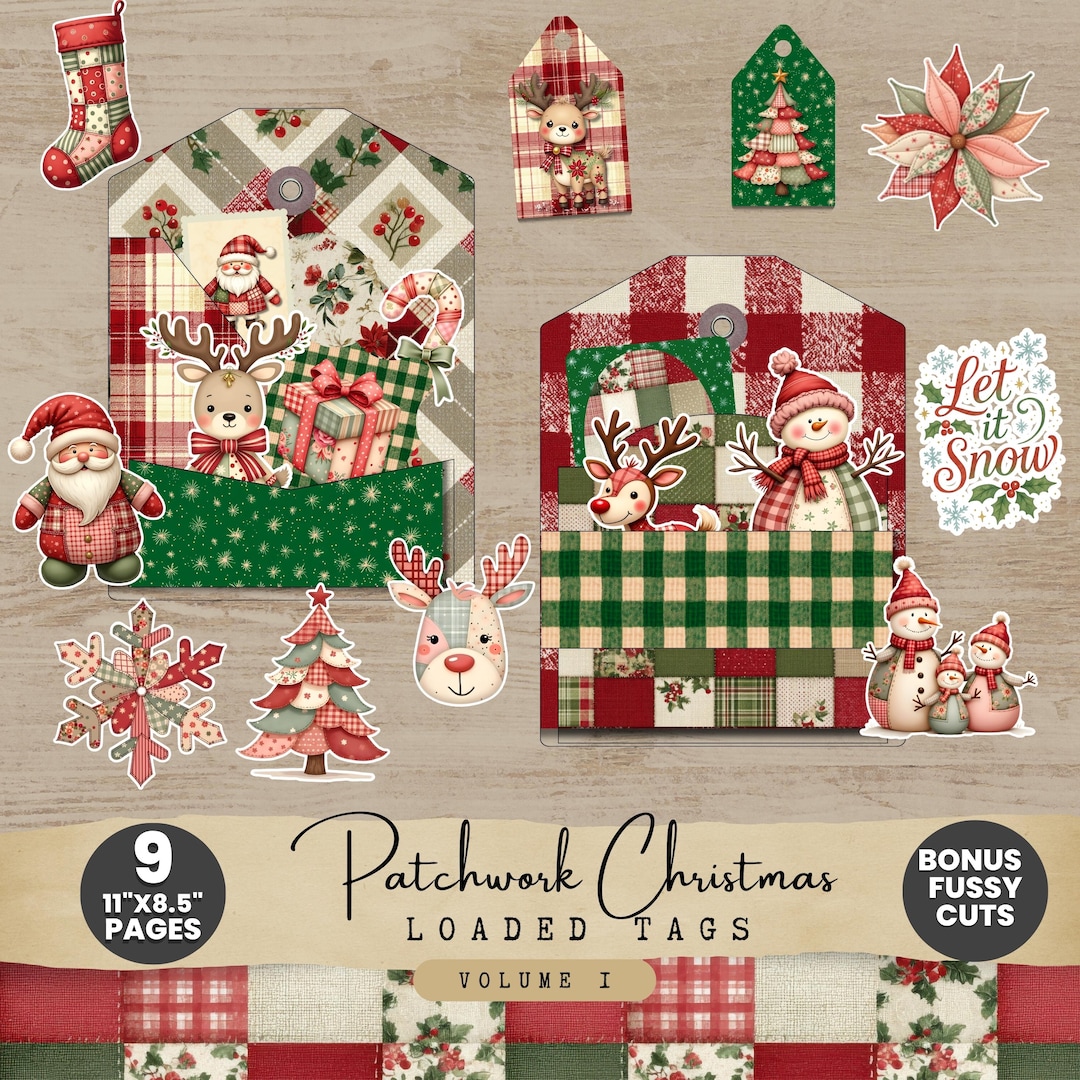 Loaded Christmas Tag Kit: Patchwork Plaid & Holiday Ephemera (printable ...