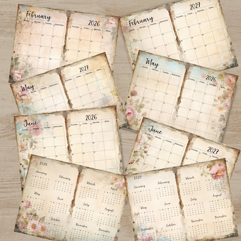 2026-2027 Junk Journal Calendar Pages, Floral Whispers Vintage Rose ...