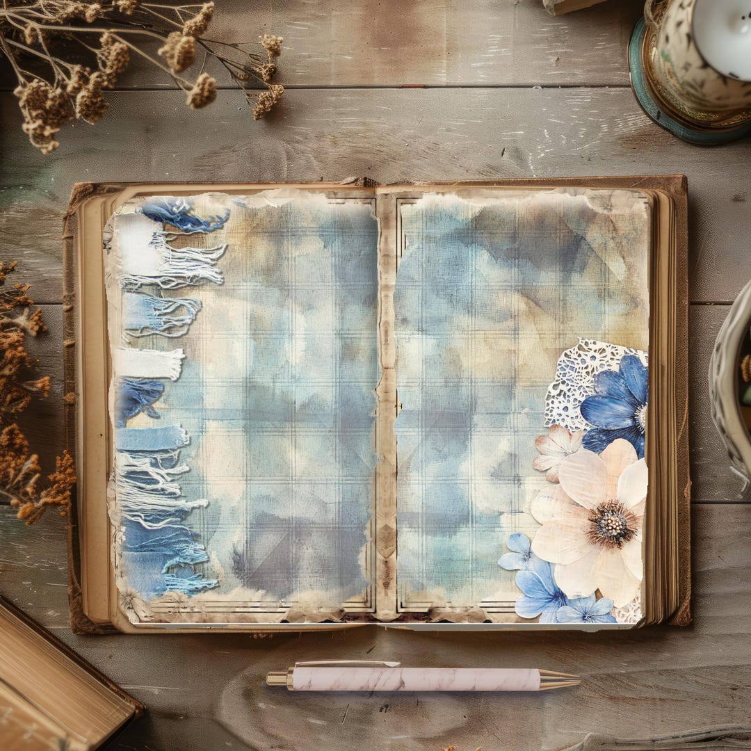 Vintage Denim and Floral Junk Journal Pages - Tattered Blues Digital ...