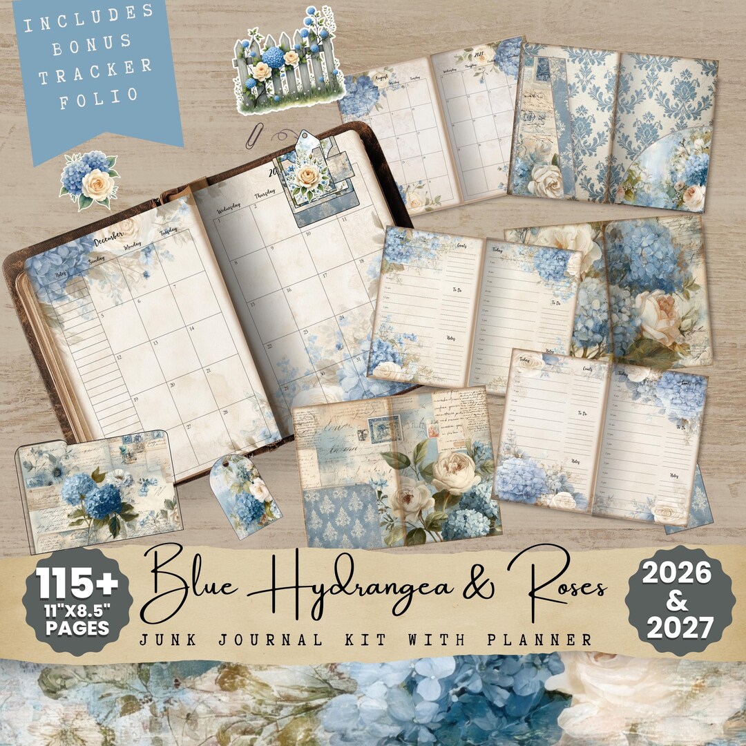 Blue Hydrangea Junk Journal Kit: Floral Planner With 2026-2027 ...