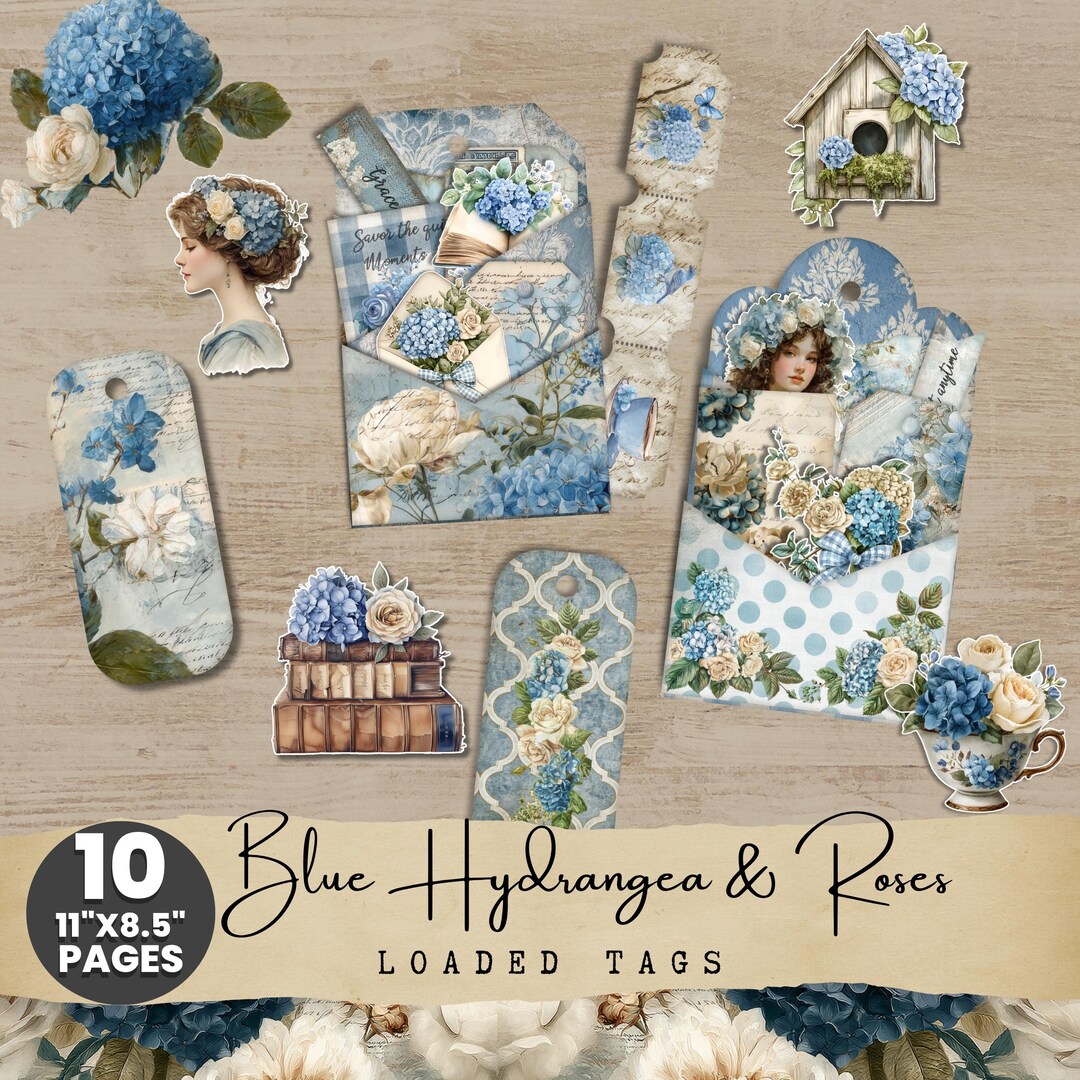 Blue Hydrangea Junk Journal Tags: Vintage Floral Ephemera (digital ...