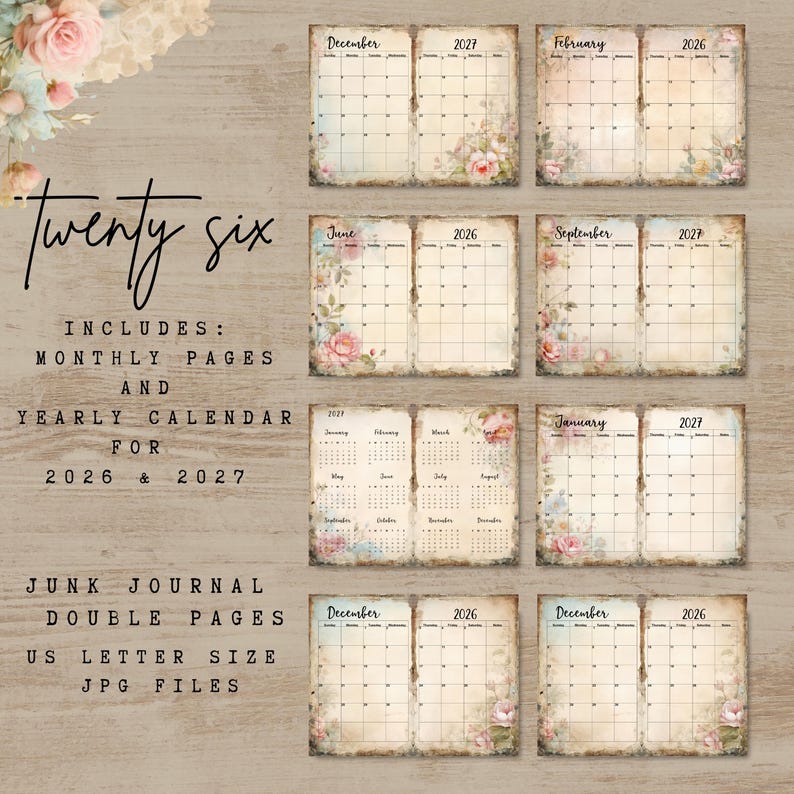 2026-2027 Junk Journal Calendar Pages, Floral Whispers Vintage Rose ...