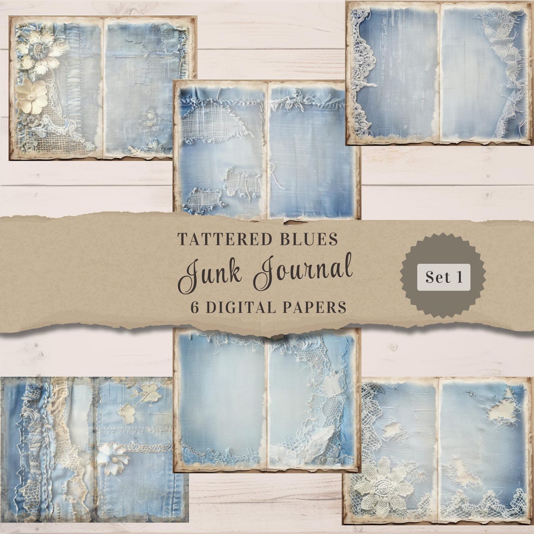 Denim and Lace Tattered Blues Junk Journal Pages | Digital Papers for ...