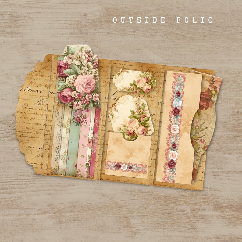 Printable Folio Kit: Vintage Rose Tall and Slim - 12 Floral Pages RP001 ...