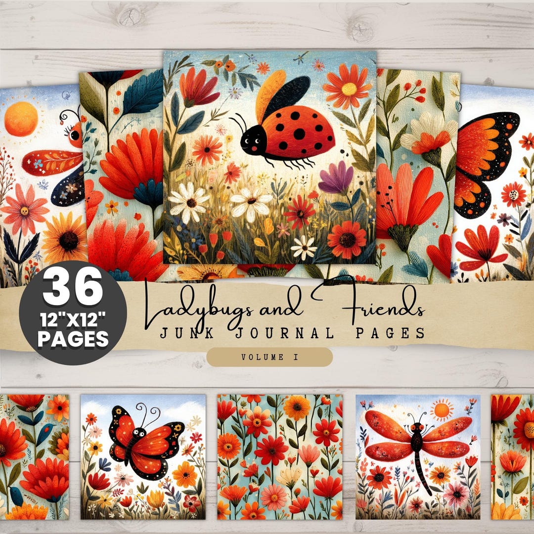 Folkart Ladybug Pattern Digital Paper, Butterfly Dragonfly Floral ...