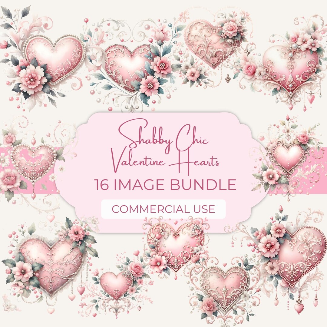 Valentine Hearts Clipart: Pink Floral, Vintage Shabby Chic - Digital ...