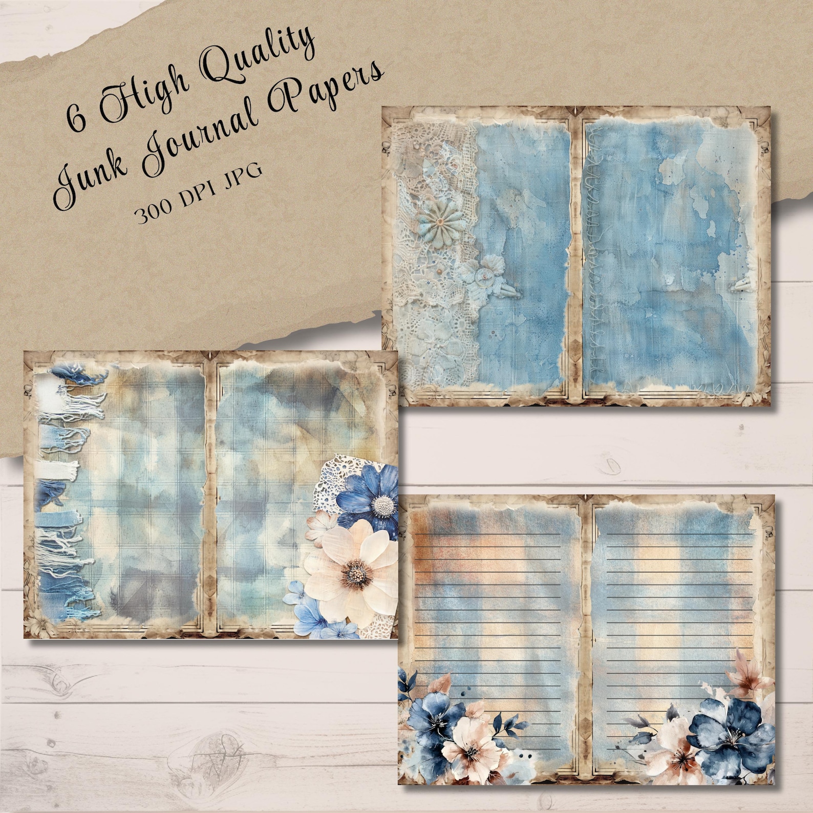 Vintage Denim and Floral Junk Journal Pages - Tattered Blues Digital ...