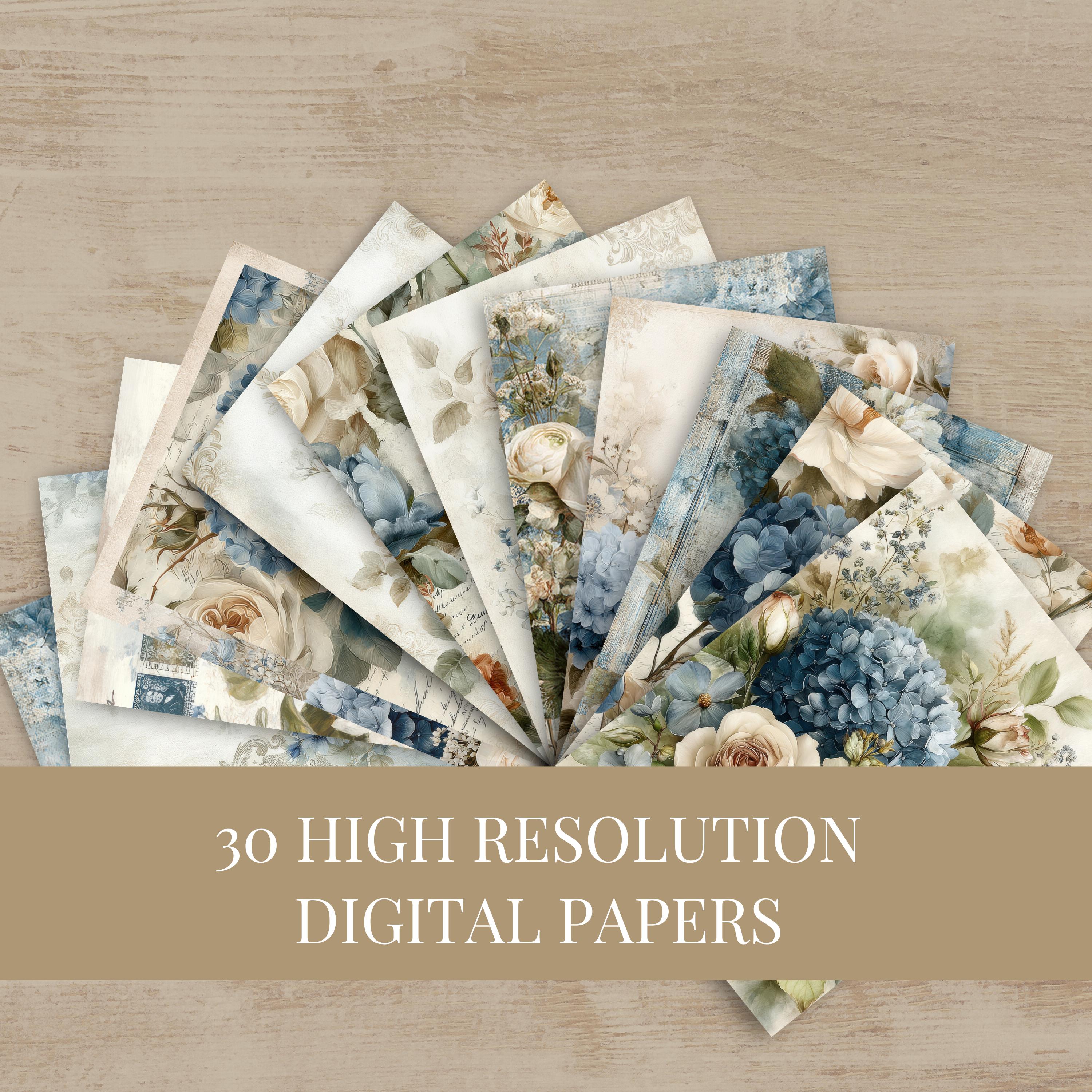 Blue Hydrangea and Roses Digital Paper Set 2- Vintage Floral Journal ...