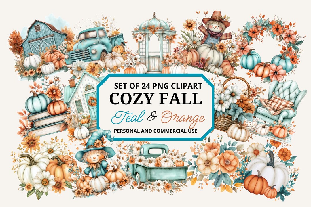 Fall Clipart | Autumn Farm| Teal and Orange Pumpkin | Floral Clipart ...