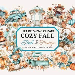 Fall Clipart | Autumn Farm| Teal and Orange Pumpkin | Floral Clipart ...