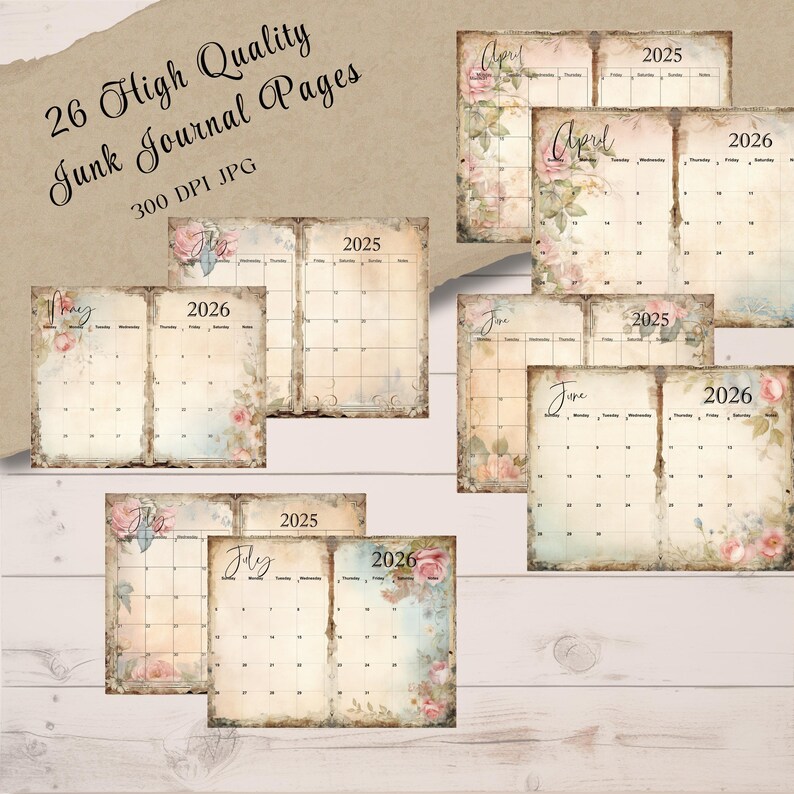 2025 and 2026 Floral Whispers Junk Journal Monthly Calendar Set ...