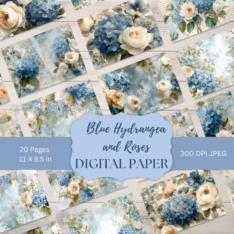 Blue Hydrangea and Roses Digital Paper Pack 20 Pages 11x8.5 Inch Junk ...