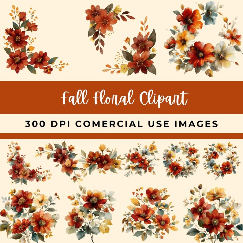 Fall Floral Clipart Bundle Autumn Flower PNG Watercolor Arrangements ...