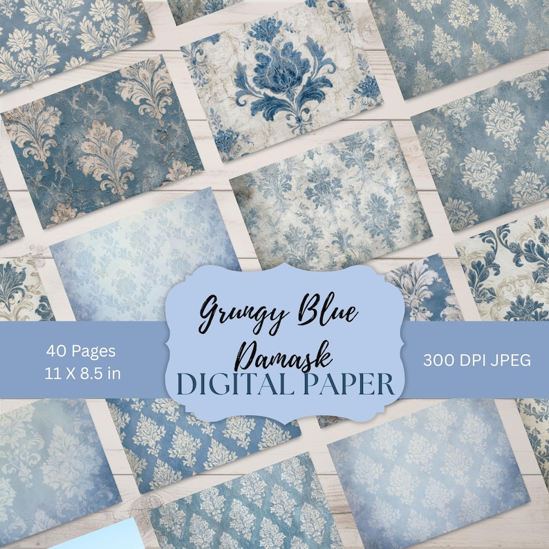 Grungy Blue Damask Digital Paper Pack 40 Vintage Textured Backgrounds ...