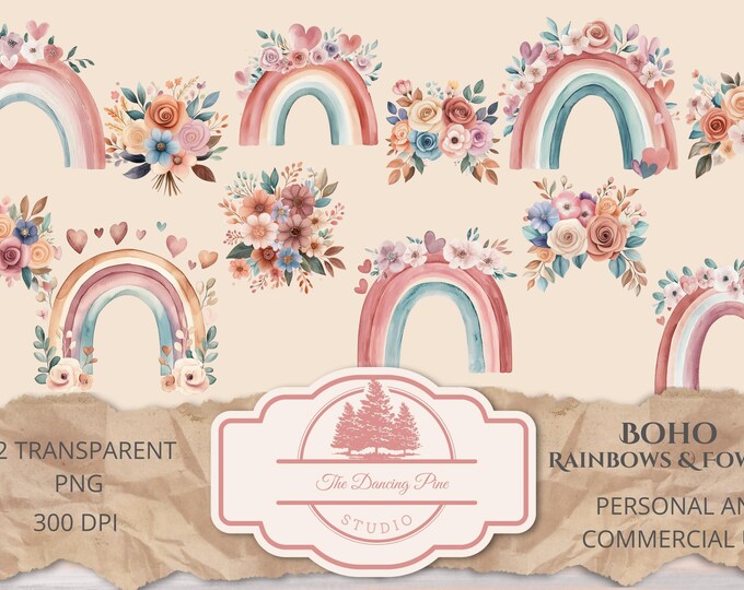 Boho Rainbow Clipart, Watercolor Rainbow Png, Boho Floral Clip Art ...