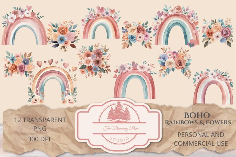 Rainbows and Flowers Clipart | Watercolor Rainbow | Boho Style ...