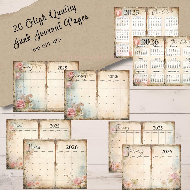 2025-2026 Junk Journal Calendar Pages, Floral Whispers Vintage Rose ...