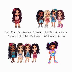 Summer Chibi Girls + Friends Clipart Bundle | 36 PNG Images | Diverse ...