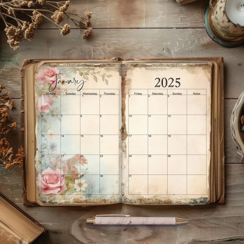 2025 and 2026 Floral Whispers Junk Journal Monthly Calendar Set ...