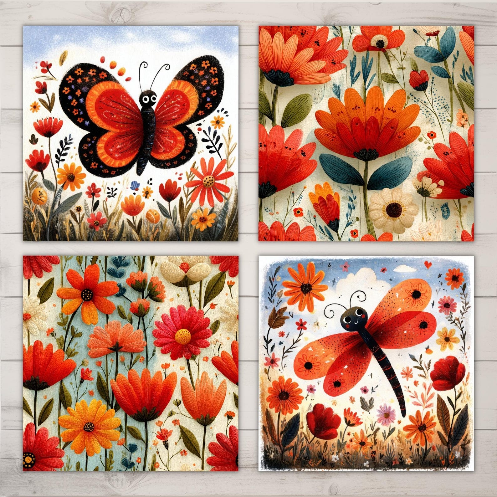 Folkart Ladybug Pattern Digital Paper, Butterfly Dragonfly Floral ...