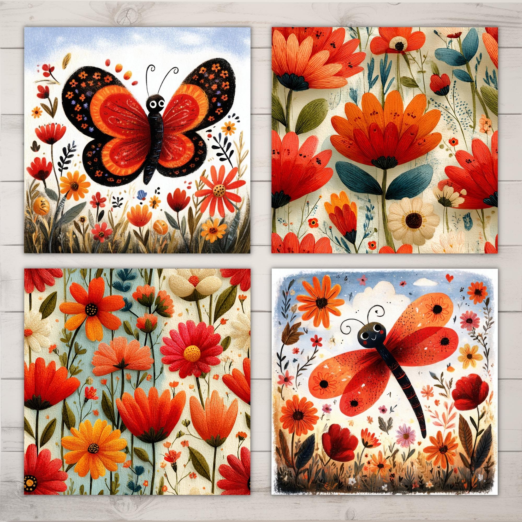 Folkart Ladybug Pattern Digital Paper, Butterfly Dragonfly Floral ...