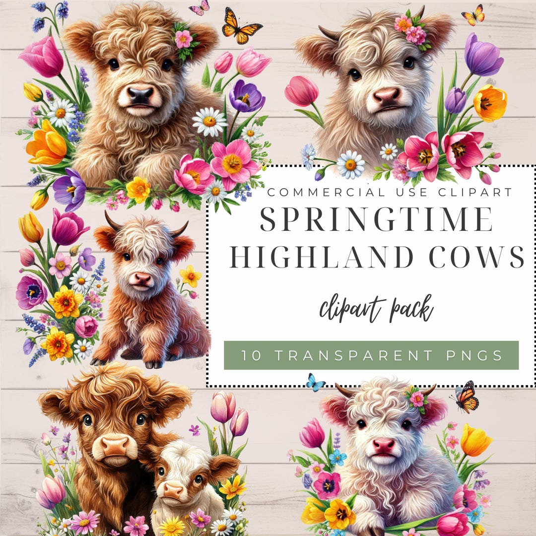 Springtime Highland Cow Clipart - Set of 10 Watercolor Baby Cows With ...