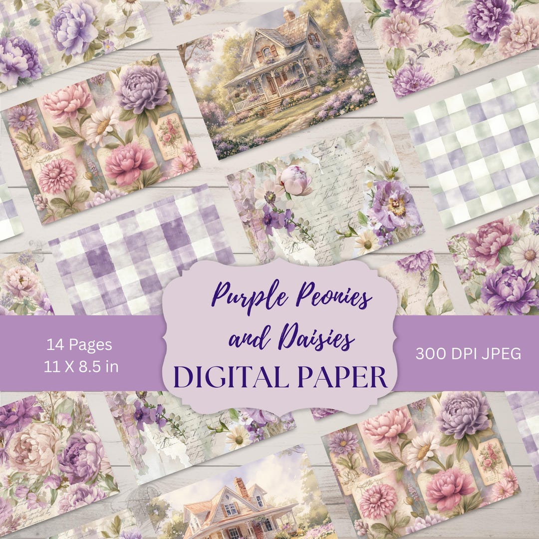 Purple Peonies and Daisies Digital Paper, 14 Cottagecore Floral Pages ...