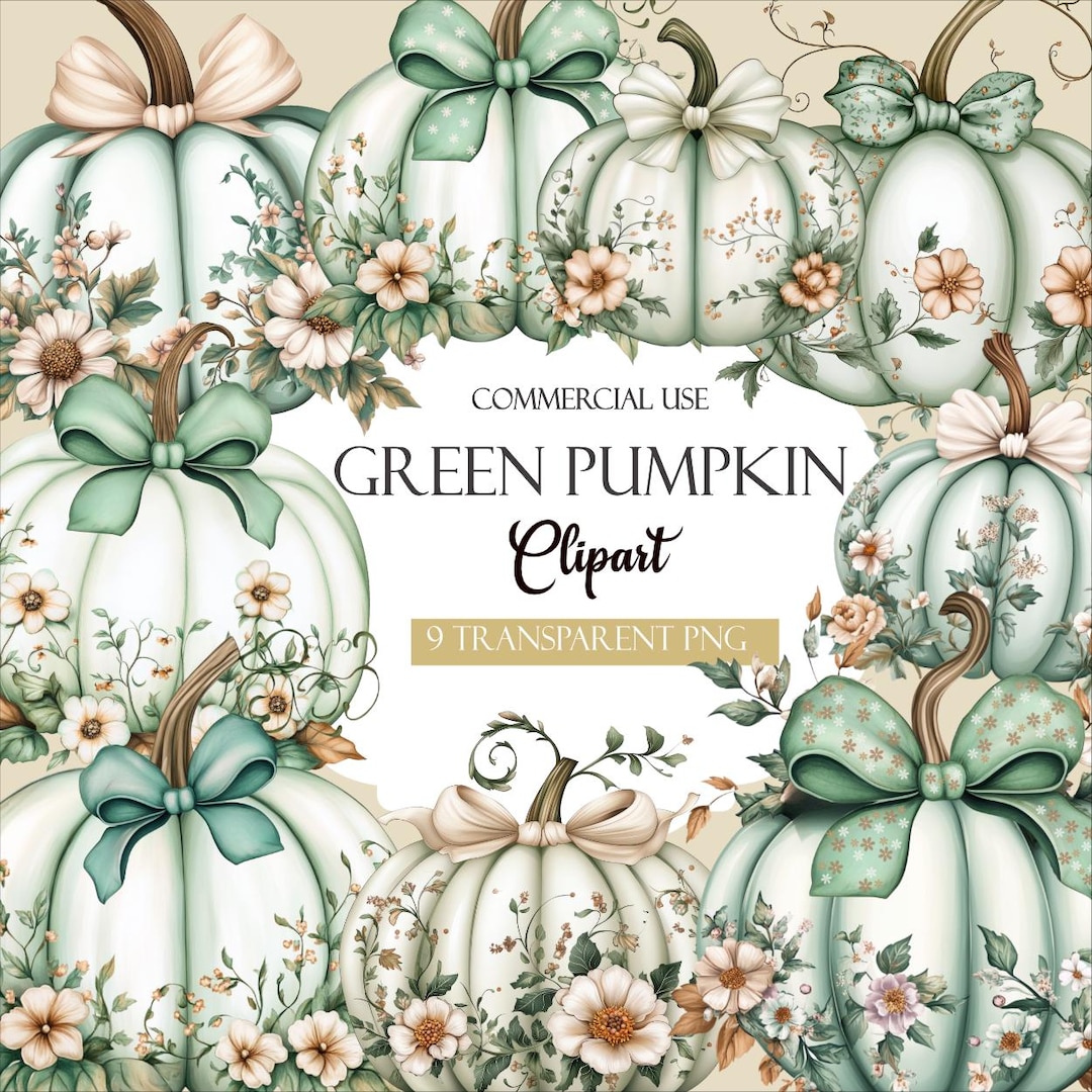 Green Floral Pumpkin Clipart, Autumn Clipart, Fall Vibes, Ivory and ...