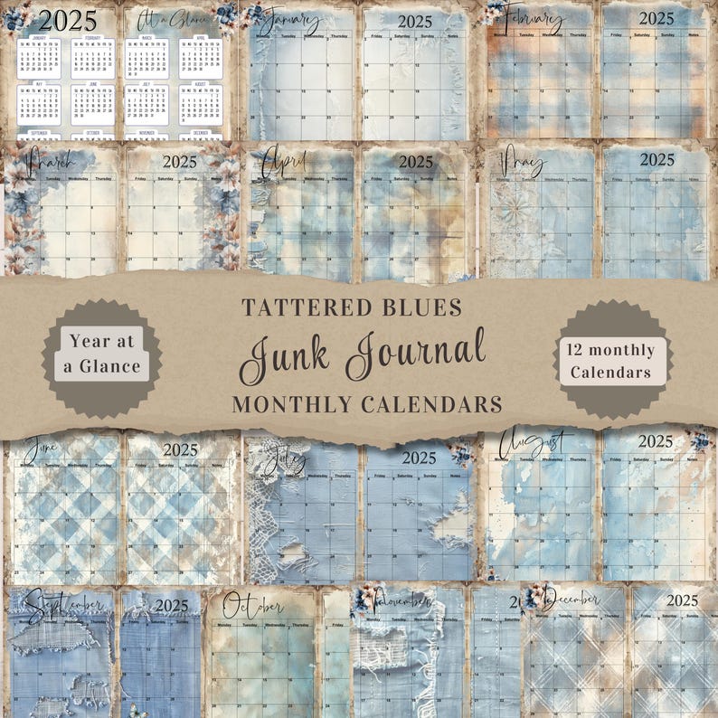 2025 Calendar - Denim Tattered Blues Junk Journal Pages - Vintage ...