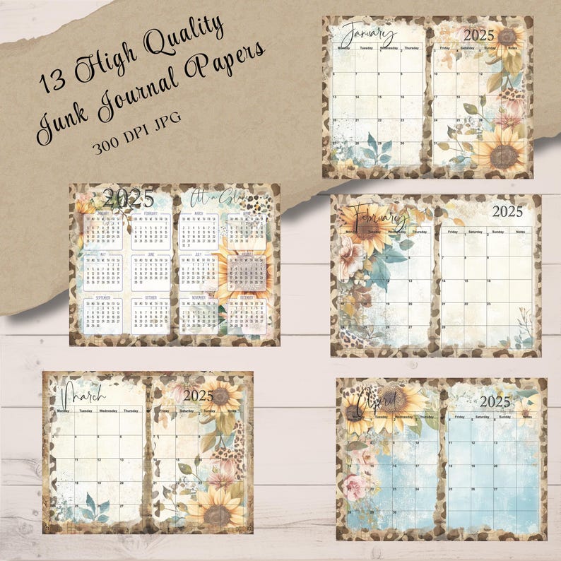 2025 Junk Journal Calendar - Sunflower Safari Leopard Print, 12 Monthly ...