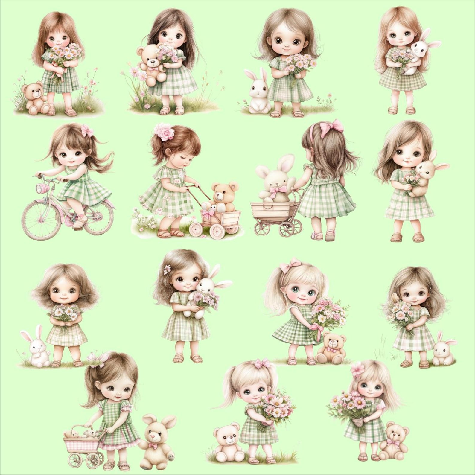 Cute Cottage Core Girls Clipart, Toddler Girl Clipart, PNG Junk Journal ...