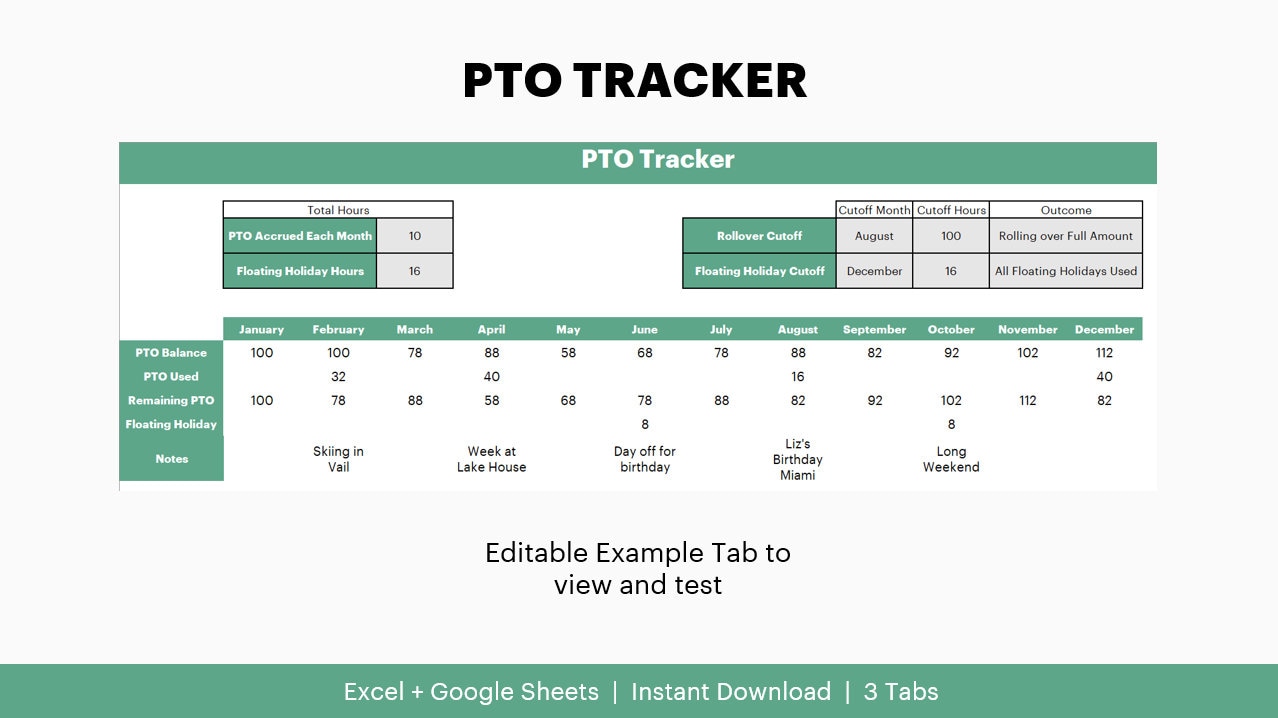 PTO Tracker (google Sheets and Excel) - Etsy