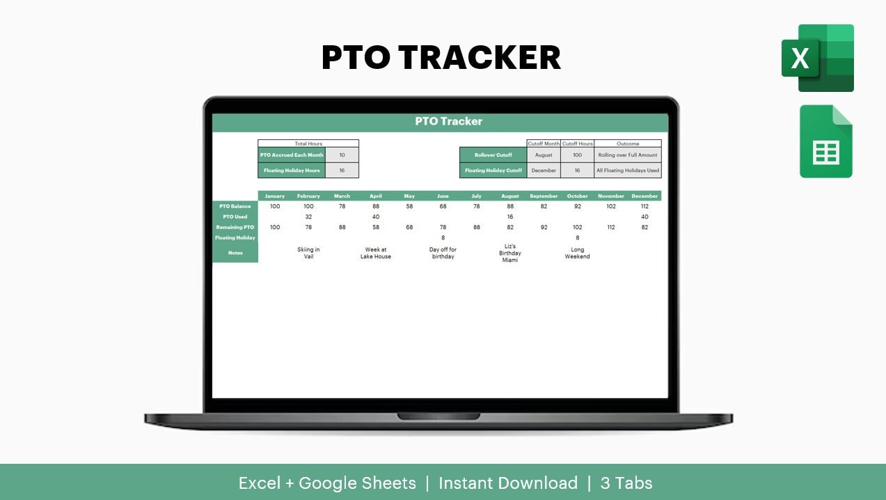PTO Tracker (google Sheets and Excel) - Etsy