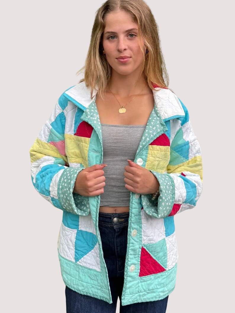 Button up Chore Coat With Buttons/collar Made From a Vintage Hand Stitched Patchwork Quilt - Etsy