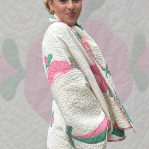 Hand Stitched “pink Flowers” Appliquéd Pattern Jacket in the Heather ...
