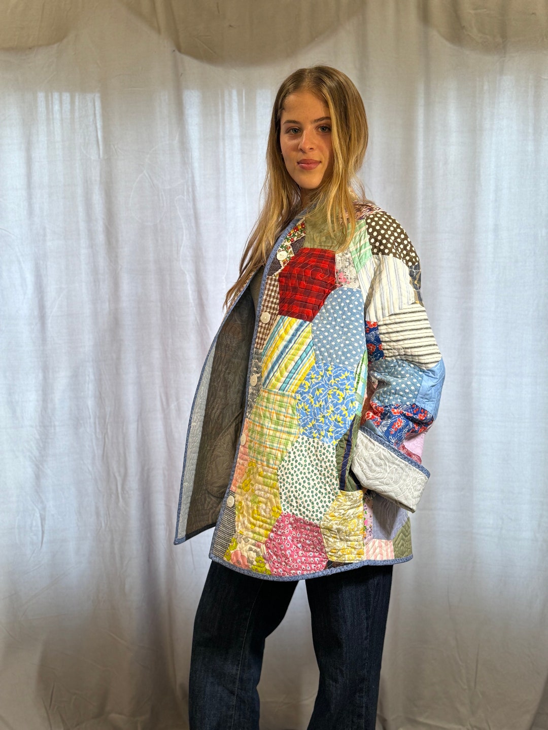 Oversized Button up Chore Coat Made From a Vintage Hexagon Pattern ...