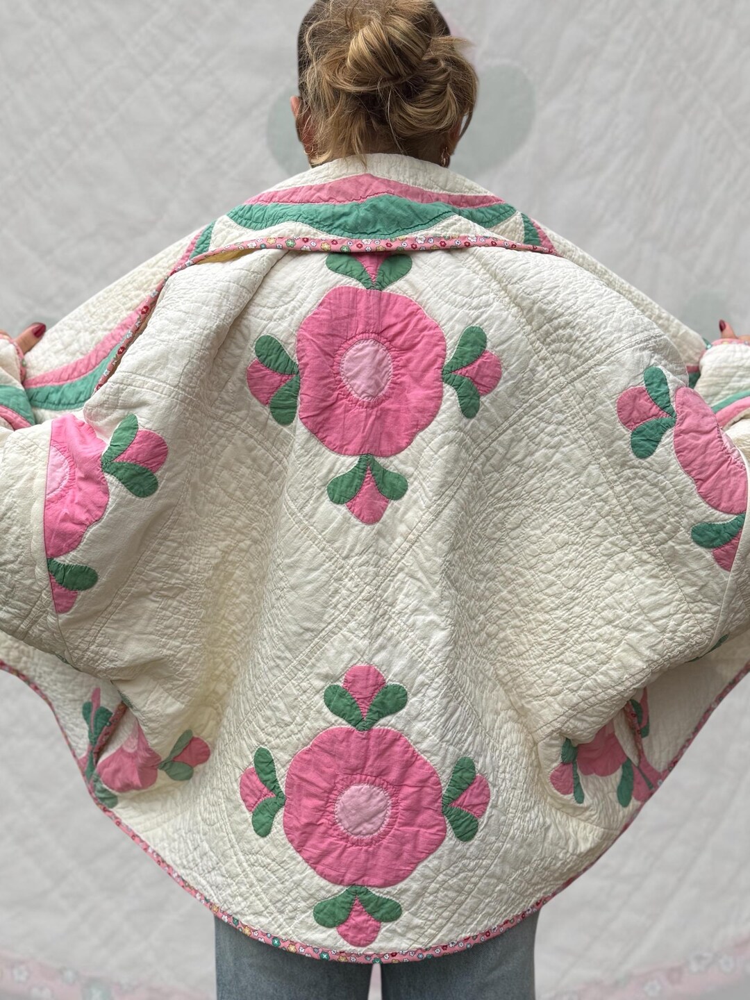 Hand Stitched “pink Flowers” Appliquéd Pattern Jacket in the Heather ...