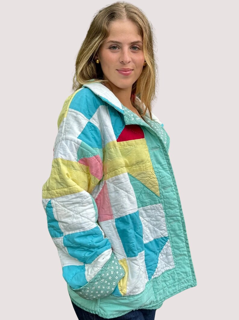Button up Chore Coat With Buttons/collar Made From a Vintage Hand Stitched Patchwork Quilt - Etsy