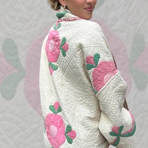 Hand Stitched “pink Flowers” Appliquéd Pattern Jacket in the Heather ...